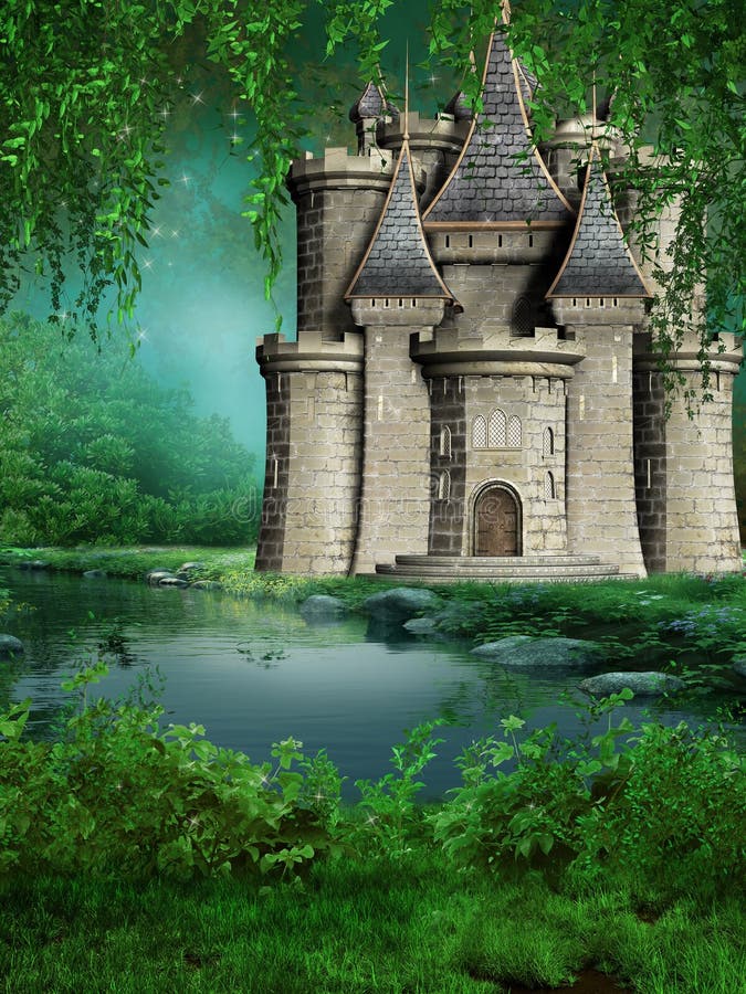 Fairytale castle on water stock illustration. Illustration of water ...
