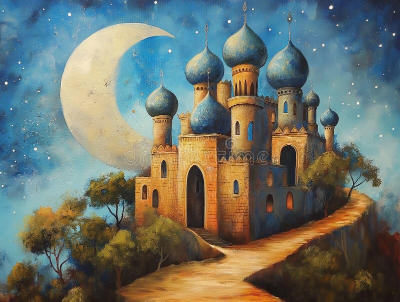 Fairytale Castle Standing on a Cliff Under Crescent Moon Stock ...