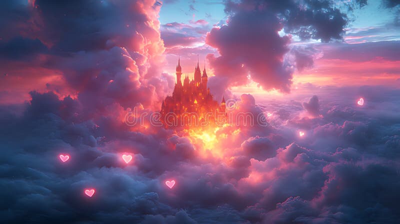 Fairytale Castle Sunset Cloudscape, Hearts, Dreamy Fantasy Background, Romance Stock ...