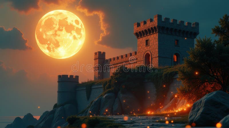 Fairytale Castle Under a Blood Moon Stock Illustration - Illustration ...