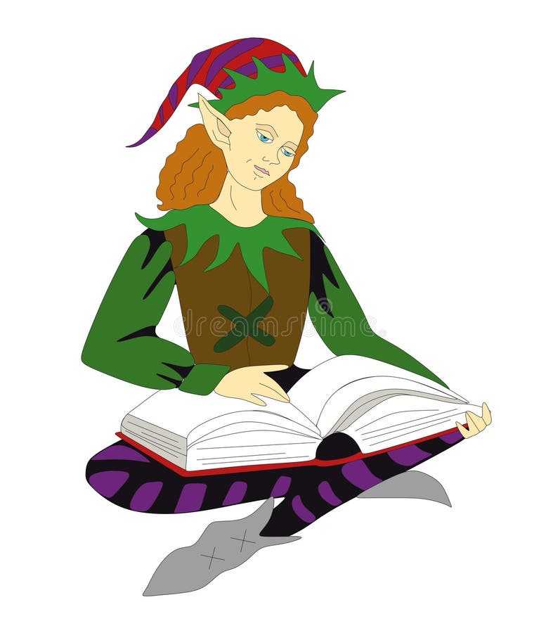 Fairytale elf with book stock illustration. Illustration of character ...