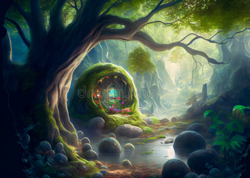 Fairytale Fantasy Forest with House Inside a Big Tree, Ai Illustration ...