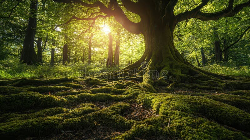 Fairytale Forest with Large Trees and Vibrant Plant Life Stock ...