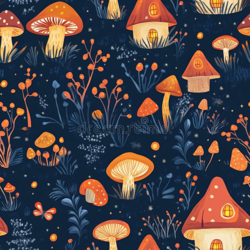 A Fairytale Forest Pattern with Mysterious Glowing Mushrooms, Tiny Elf ...