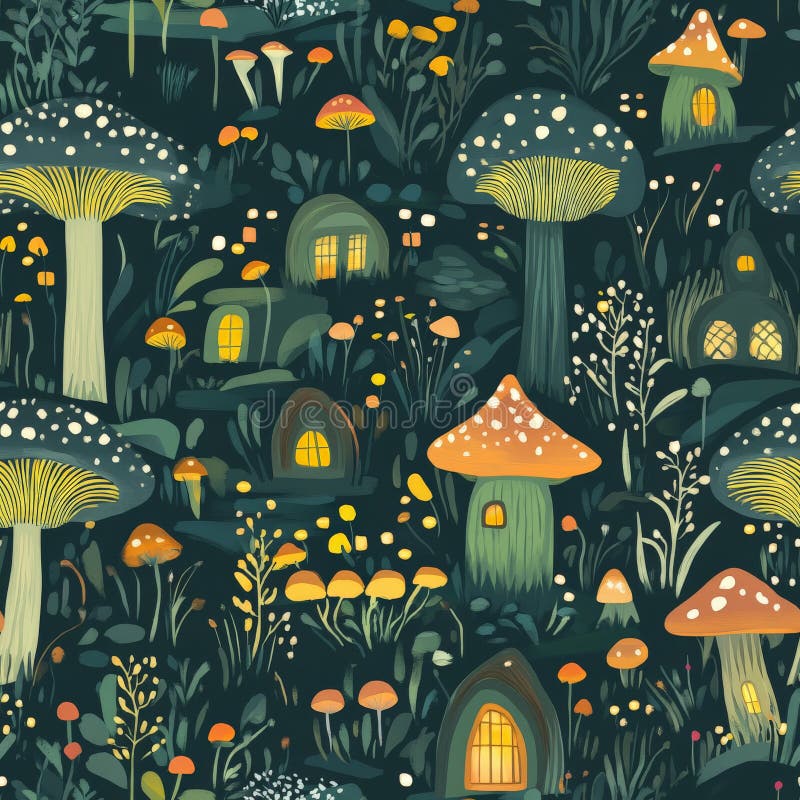 A Fairytale Forest Pattern with Mysterious Glowing Mushrooms, Tiny Elf ...