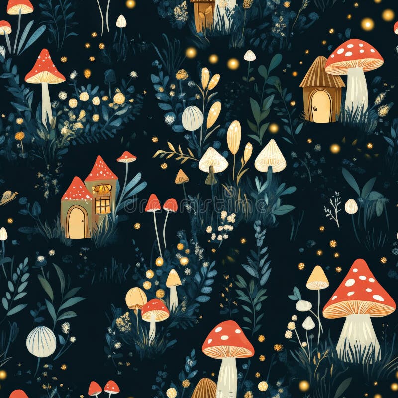 A Fairytale Forest Pattern with Mysterious Glowing Mushrooms, Tiny Elf ...