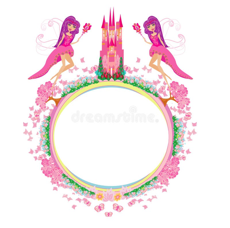 Fairytale Frame with Beautiful Fairies, Castle and Garden Stock Vector ...