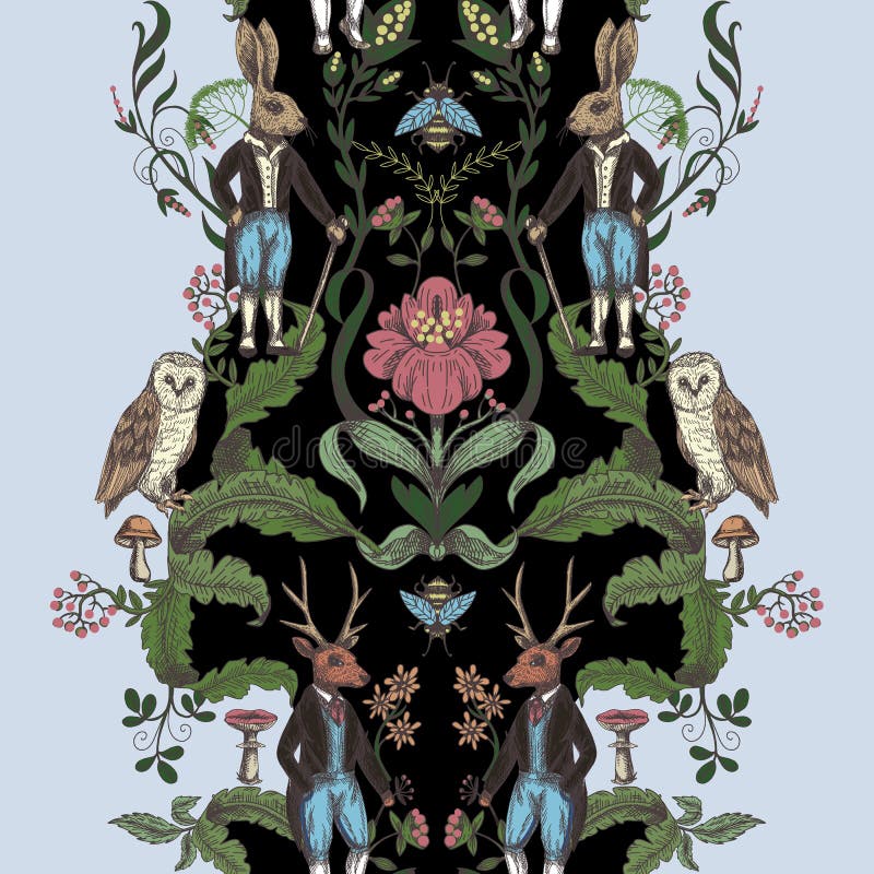 Fairytale Graphic Seamless Pattern with Forest Animals and Flowers ...