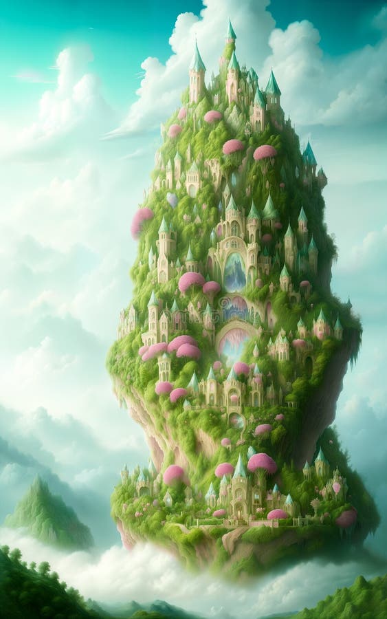 Fairytale Green Castle in the Clouds Stock Illustration - Illustration ...