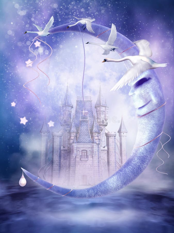 Fairytale moon with swans stock illustration. Illustration of cloud ...