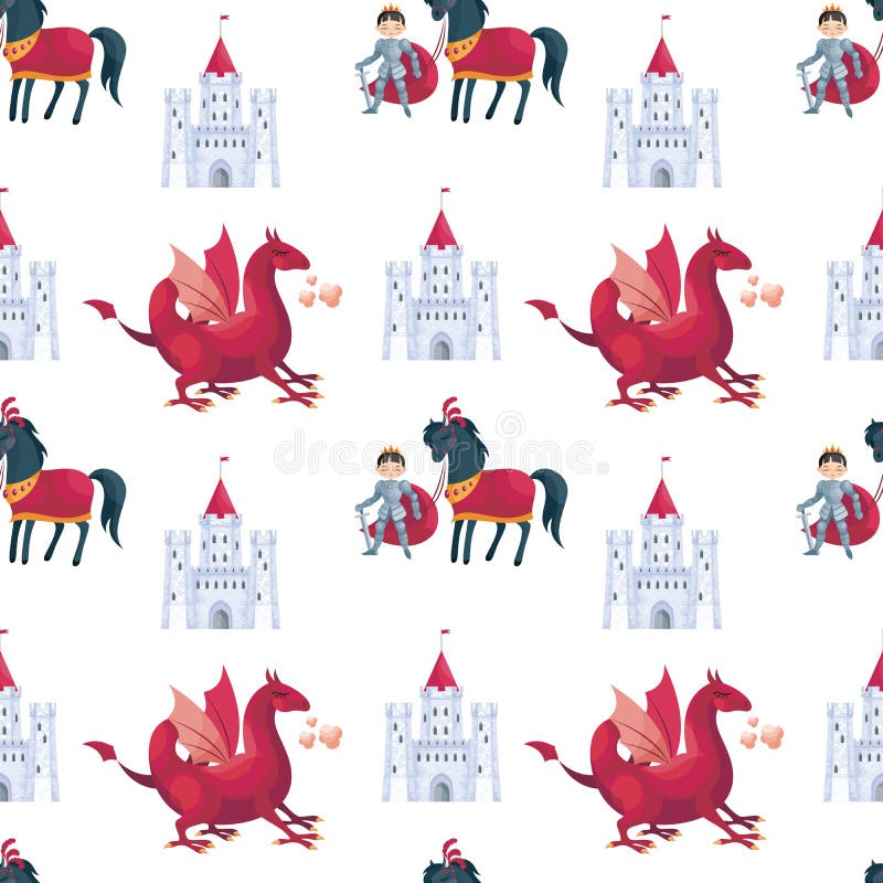 Fairytale Prince and Dragon Pattern Stock Vector - Illustration of ...
