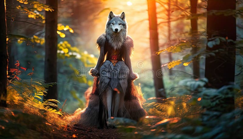 Fairytale Queen with Wolf Head in Magical Forest Stock Illustration ...