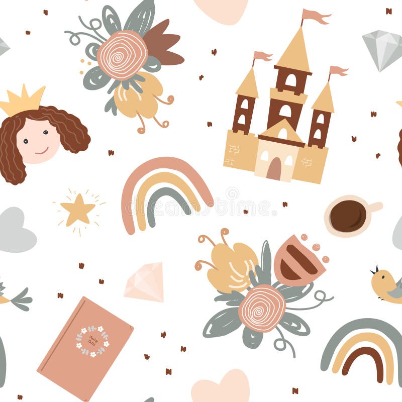 Fairytale Reading. Princess Seamless Pattern in Scandinavian Style ...
