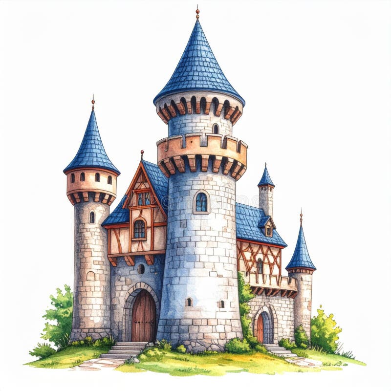 Fairytale Stone Castle with Blue Towers Illustration Stock Illustration ...