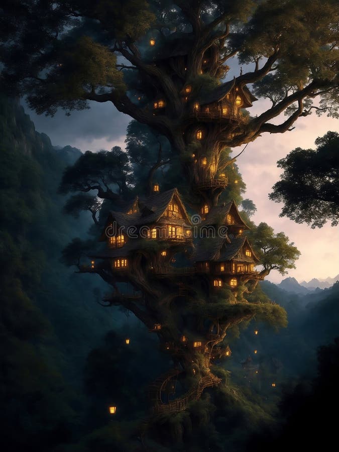 Fairytale Treehouse Village Covered, Generative AI Illustration Stock ...