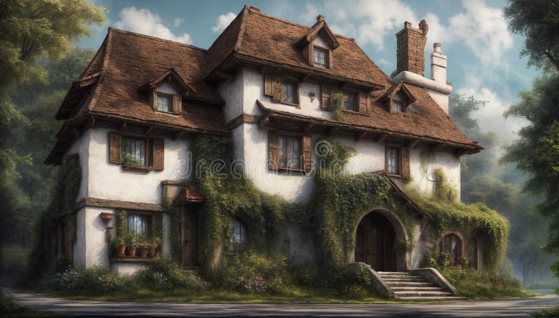 Fairytale Village House. House Overgrown with Greenery Stock ...