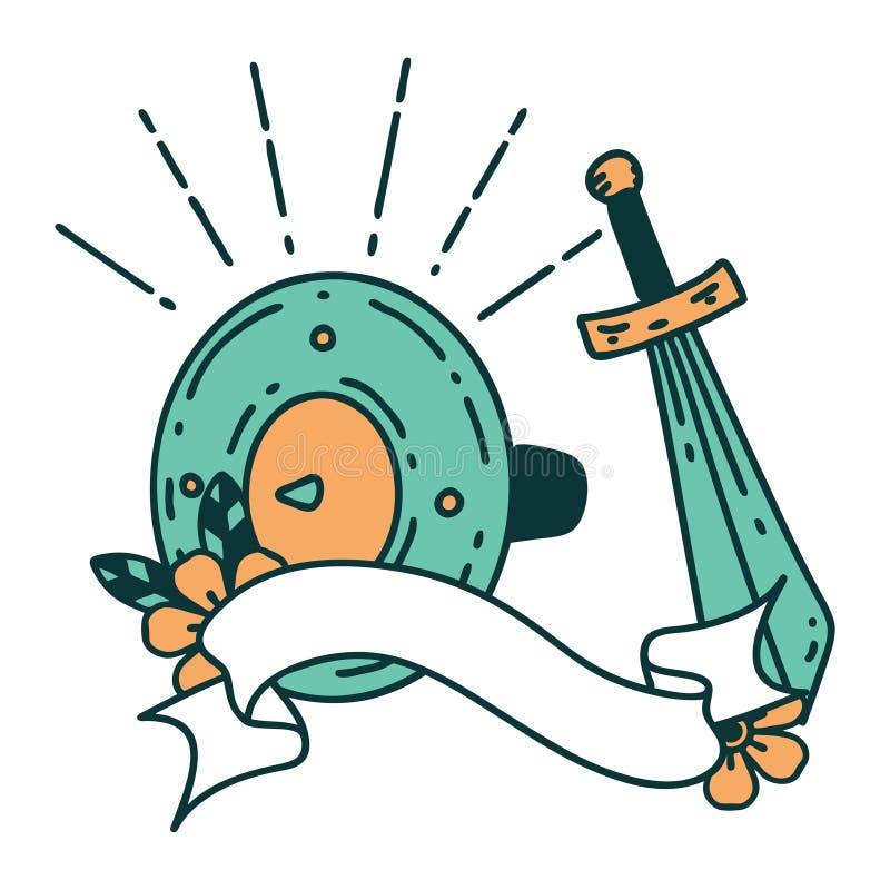 Faixa Com Escudo E Espada De Estilo De Tatuagem Ilustração do Vetor ...