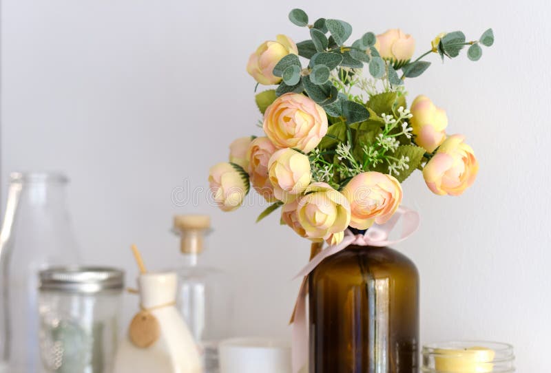 Fake Flowers in Vases on White Wall Background Stock Photo - Image of ...