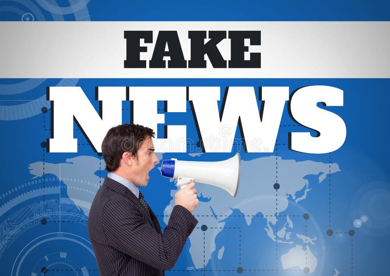 Fake News Text and Man Shouting in Megaphone in Front of World Map ...