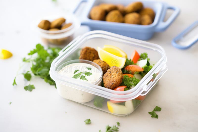 Falafel Meal Prep Containers with Side of Tahini Stock Image - Image of ...
