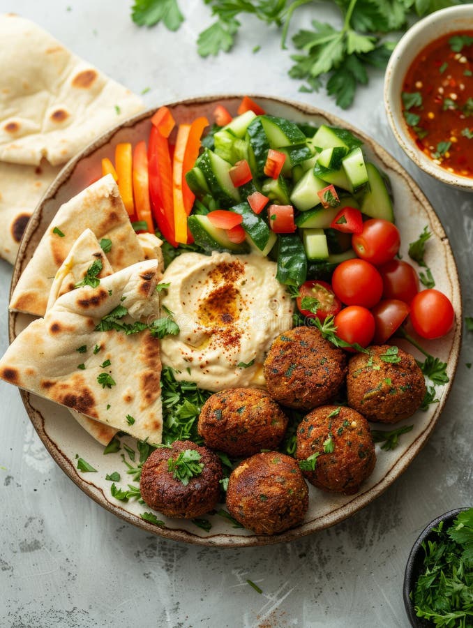 Falafel Plate with Hummus, Pita, and Fresh Vegetables. Stock Photo ...