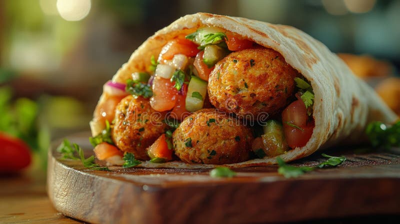 Falafel Wrap with Vegetables on a Wooden Board. Stock Photo - Image of ...