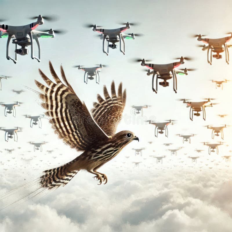 A Falcon in the Clouds among Drones. Stock Image - Image of technology ...