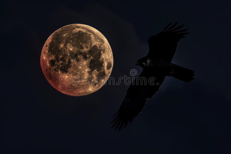 Falcon Crossing the Full Moon in Night Sky Stock Photo - Image of night ...