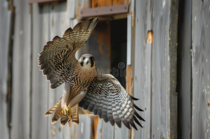 Falcon Entering a Barn Window Midflight Stock Image - Image of rural ...