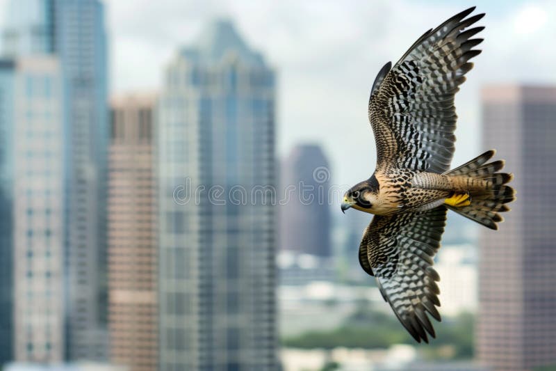 Falcon in Flight with a City Skyline Behind Stock Image - Image of ...