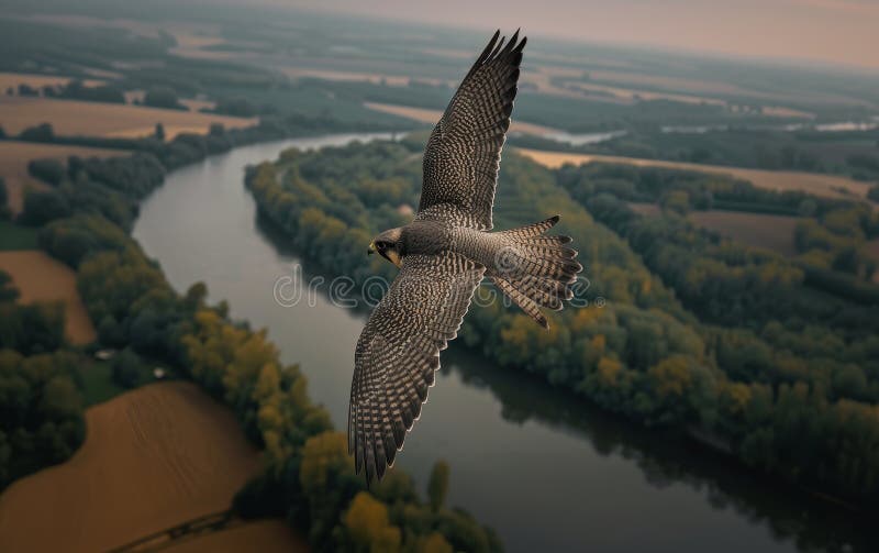 A Falcon in Flight Over a Scenic Landscape with a River, Fields, and ...