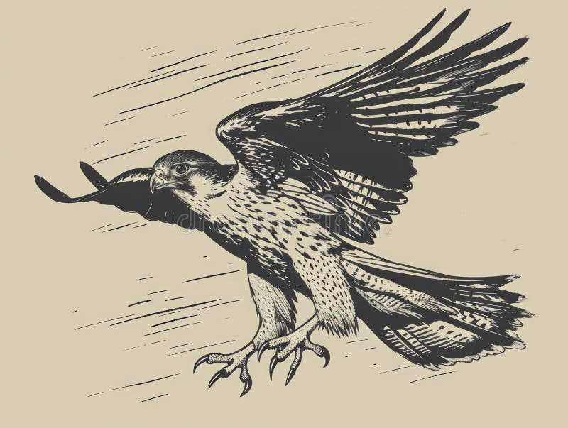 Falcon Flying in the Sky. Hand Drawn Vector Illustration in Vintage ...