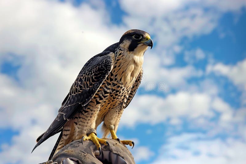 Falcon on Gloved Hand Against Sky Backdrop Stock Photo - Image of ...