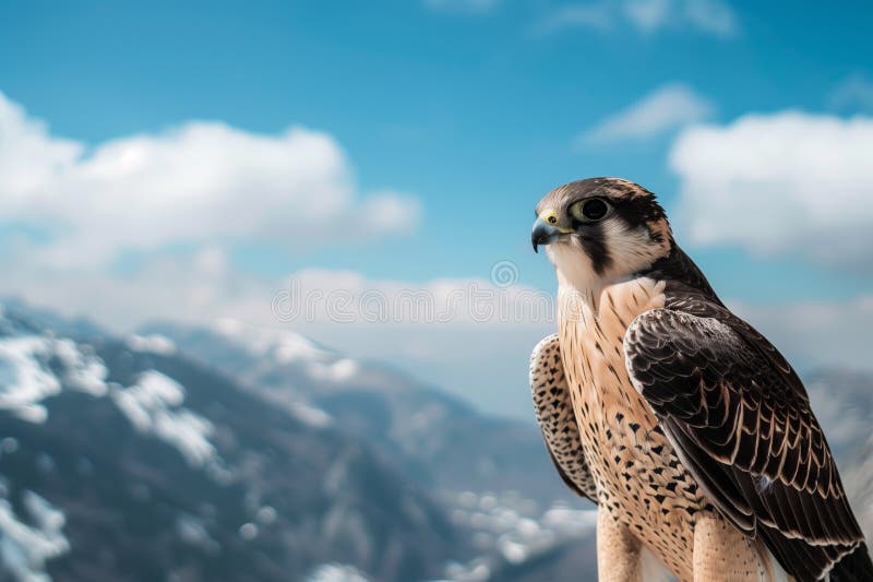 Falcon in Sharp Focus with a Mountain Range Below Stock Photo - Image ...