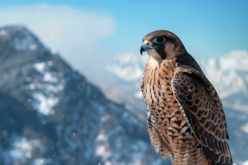 Falcon in Sharp Focus with a Mountain Range Below Stock Photo - Image ...