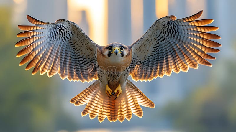 Falcon Soaring, Wings Outstretched, Urban Backdrop, Sunrise Stock ...