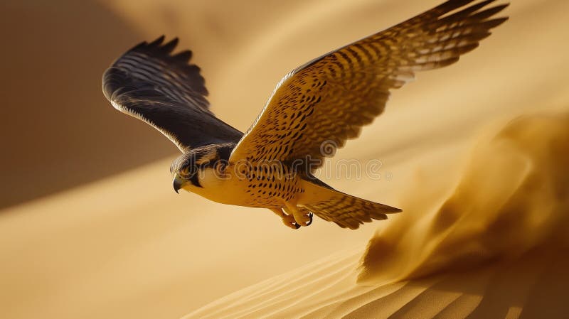 A Falcon Soars through the Air, Navigating Sand Dunes at Sunset in a ...