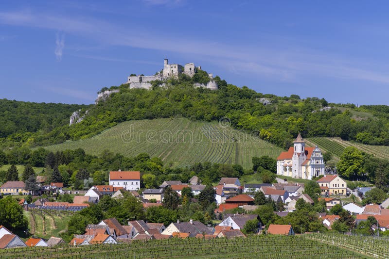 Falkenstein Ruins and Town with Vineyard, Lower Austria, Austria Stock ...