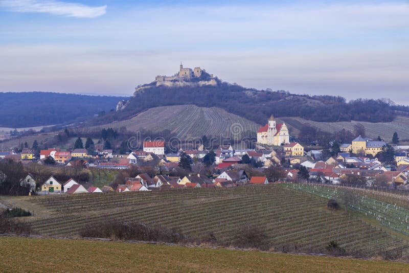 Falkenstein Ruins and Town with Vineyard, Lower Austria, Austria Stock ...