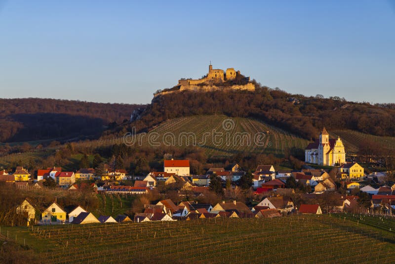 Falkenstein Ruins and Town with Vineyard, Lower Austria, Austria Stock ...