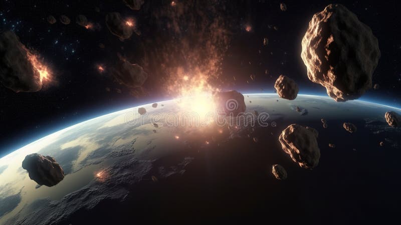 The Fall of Asteroids on Planet Earth, the End of the World. Stock ...