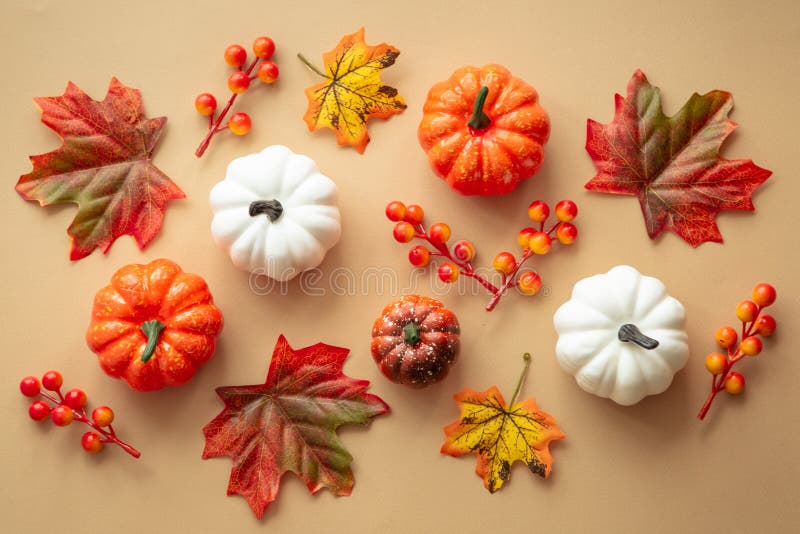 Fall Autumn Flat Lay Background. Pumpkins and Fall Leaves Stock Image ...
