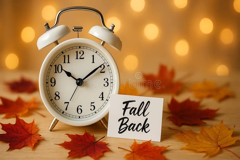 Fall Back Daylight Saving Time Concept with Clock, and Autumn Leaves ...