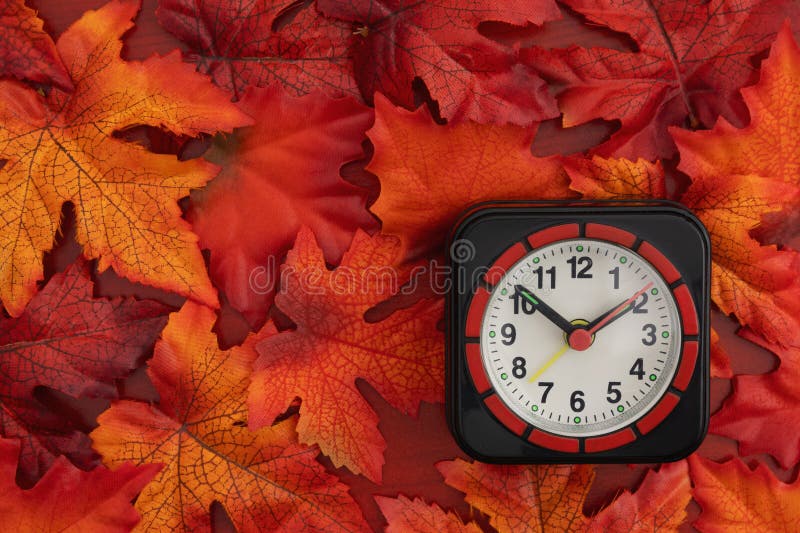 Fall Back 1 Hour with Fall Leaves and Clock on Wood for DST Stock Image ...