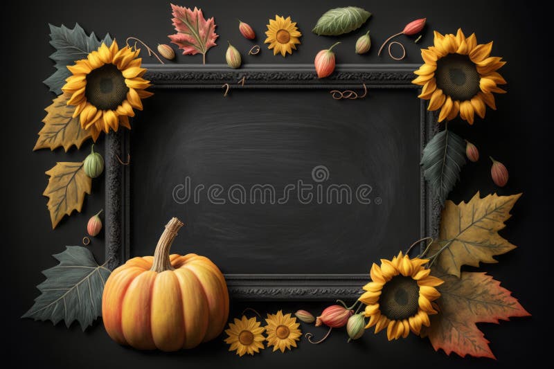 Fall Background, Empty Chalkboard Surrounded by Pumpkins and Sunflowers ...