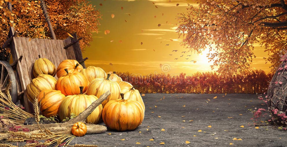 Fall in Backyard with Leaves Falling from Trees and Pumpkins, Autumn ...