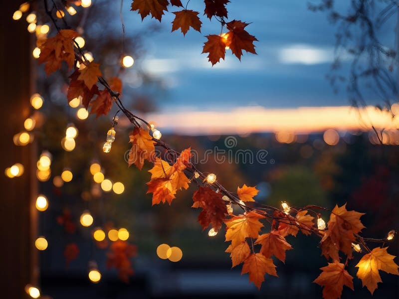 Fall Bokeh with String Lights and Leaves Stock Illustration ...