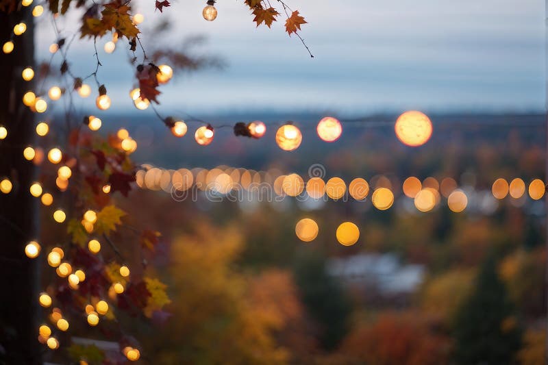 Fall Bokeh with String Lights and Leaves Stock Illustration ...