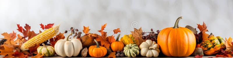 Fall Border or Banner with Pumpkins, Fall Leaves and Corn, Generative ...