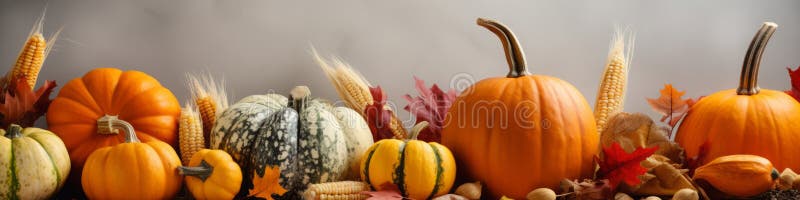 Fall Border or Banner with Pumpkins, Fall Leaves and Corn, Generative ...